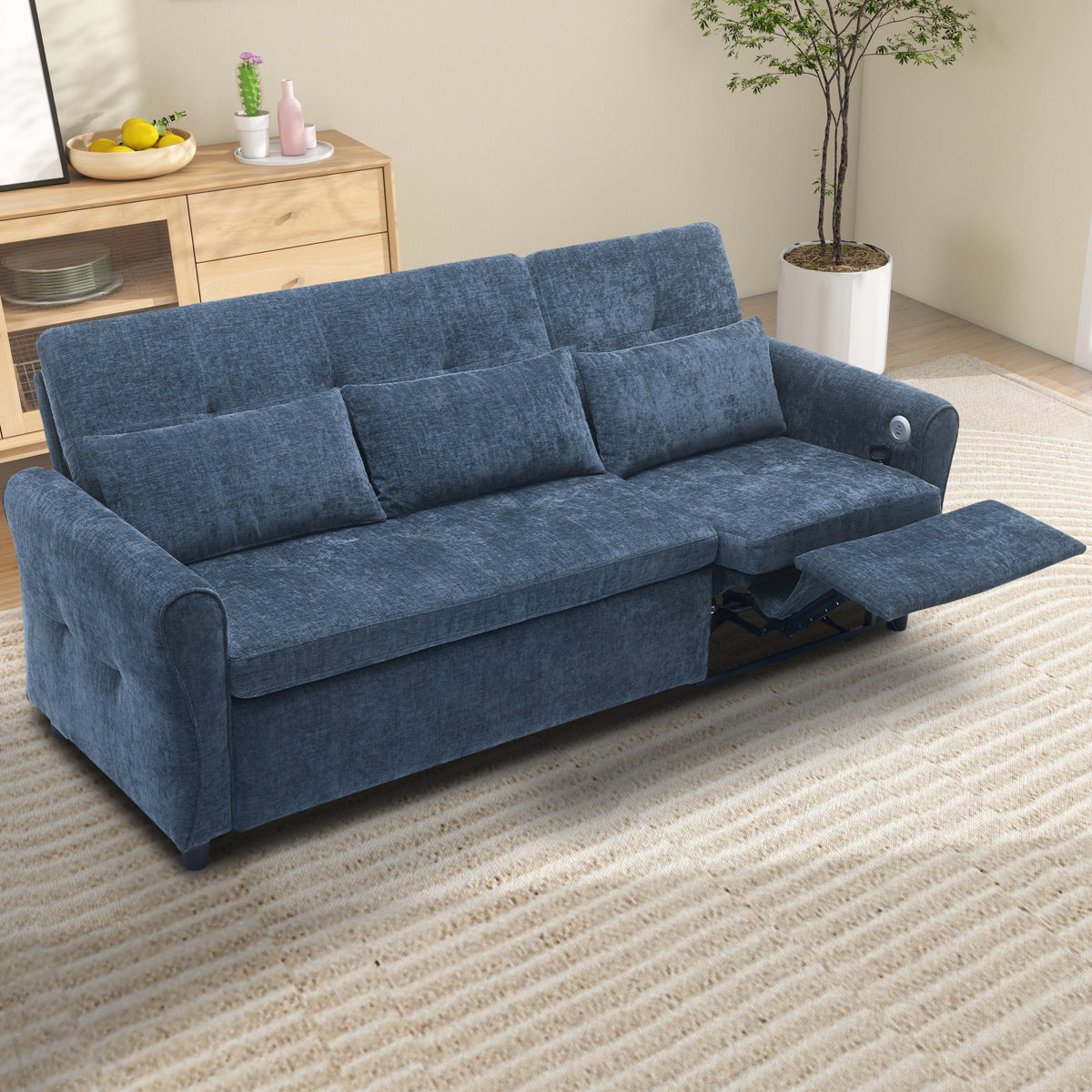 Winston Porter Wide Modern Chenille Upholstered Three-Seater Sofa Bed And A Reclining Sofa With ...